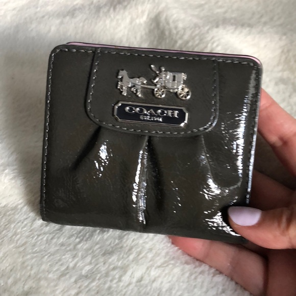Coach | Bags | Coach Compact Wallet Shiny Grey Lavender Inside | Poshmark